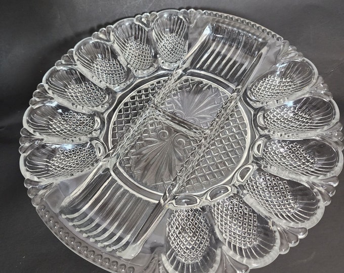 L E Smith Deviled Egg Server Clear Glass 11 in Diameter Relish Tray ...