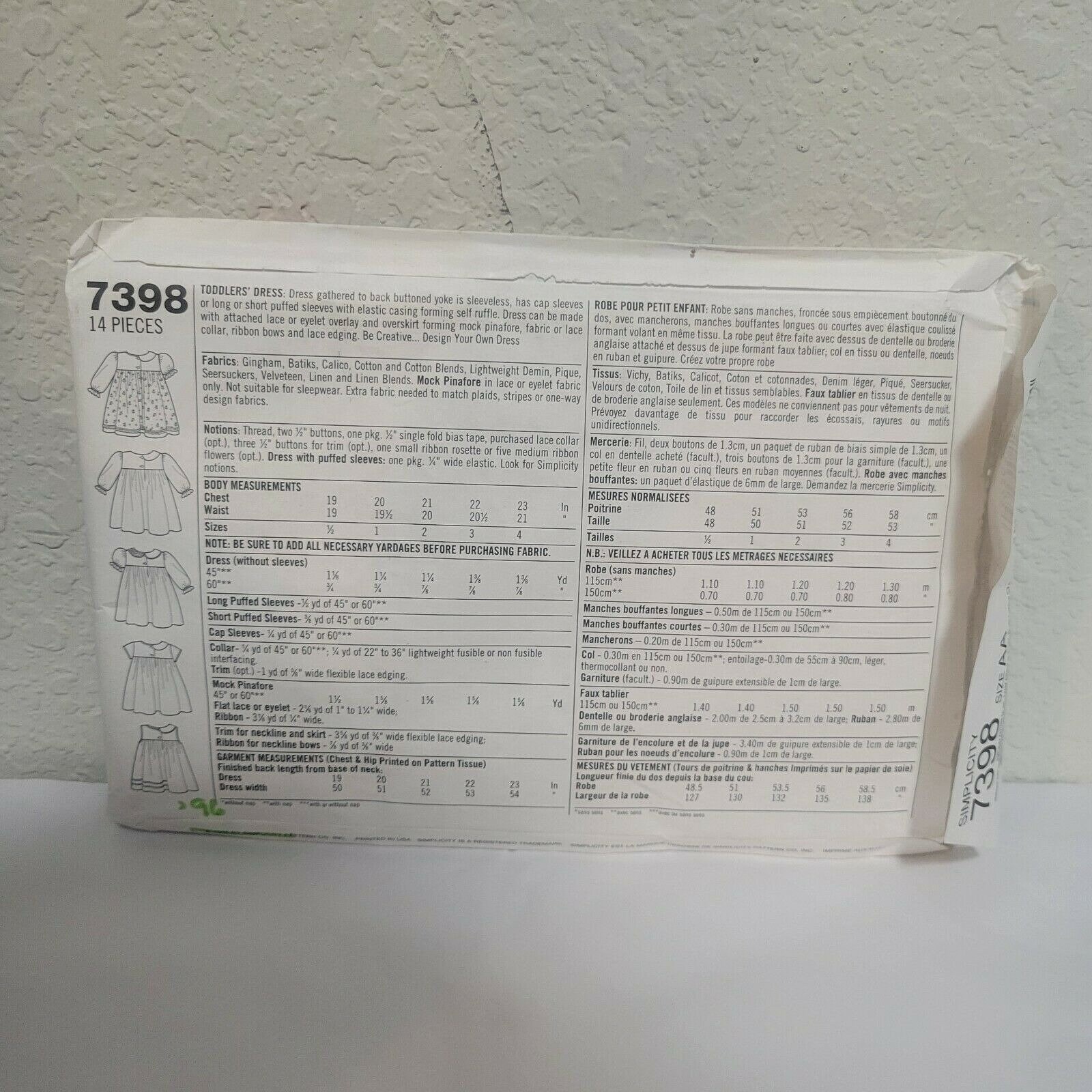 Simplicity 7398 Sewing Pattern: Toddlers Sleeveless Dress Factory ...