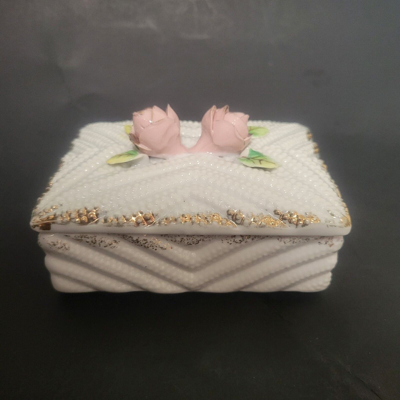 Vtg Ucagco Trinket Box Lid Japan Ceramic Pink Roses Texturized White ...