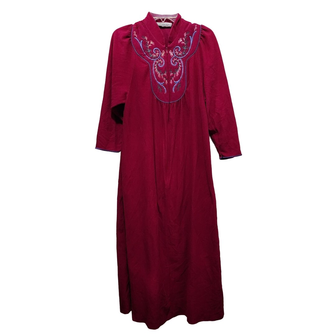 Vtg Vanity Fair Bathrobe Medium Zip up Raspberry Embroidered Housecoat ...