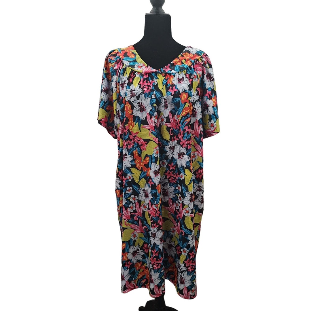 Vtg Anthony Richards Patio Dress XL Floral Muumuu Housedress Black Pink ...