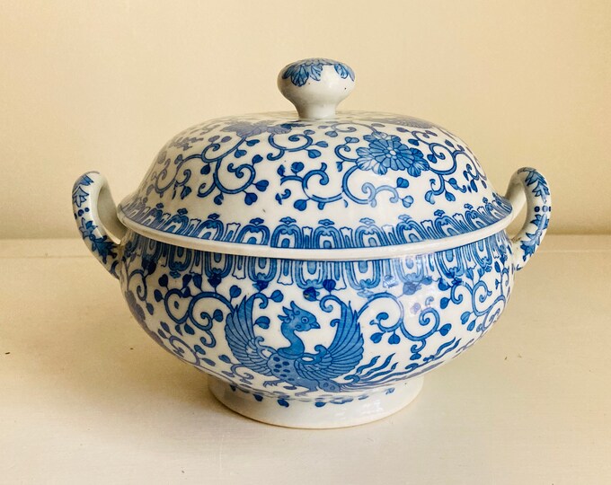 Vintage Japanese Porcelain Blue and White Phoenix Transfer Ware Round ...