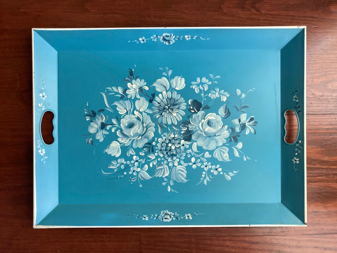 Vintage Blue and White Floral Enamel Painted Decorative Tray - Etsy
