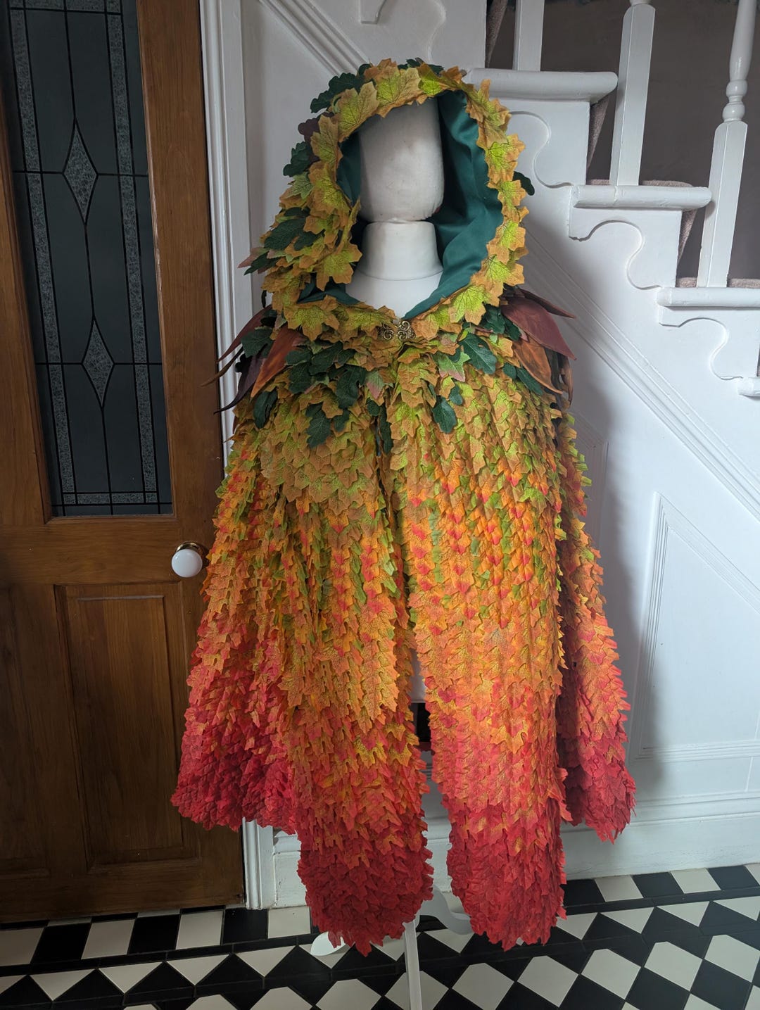 Fabric Hooded Leaf Cloak With Leather Leaves and Fungi Details Hip ...