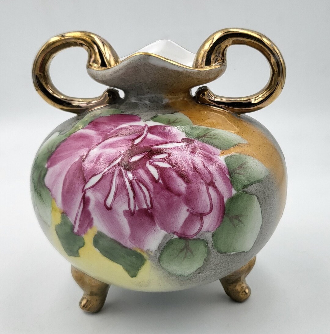 Vintage Hand Painted Rose Design Vase -small Footed, Two Handles - Etsy