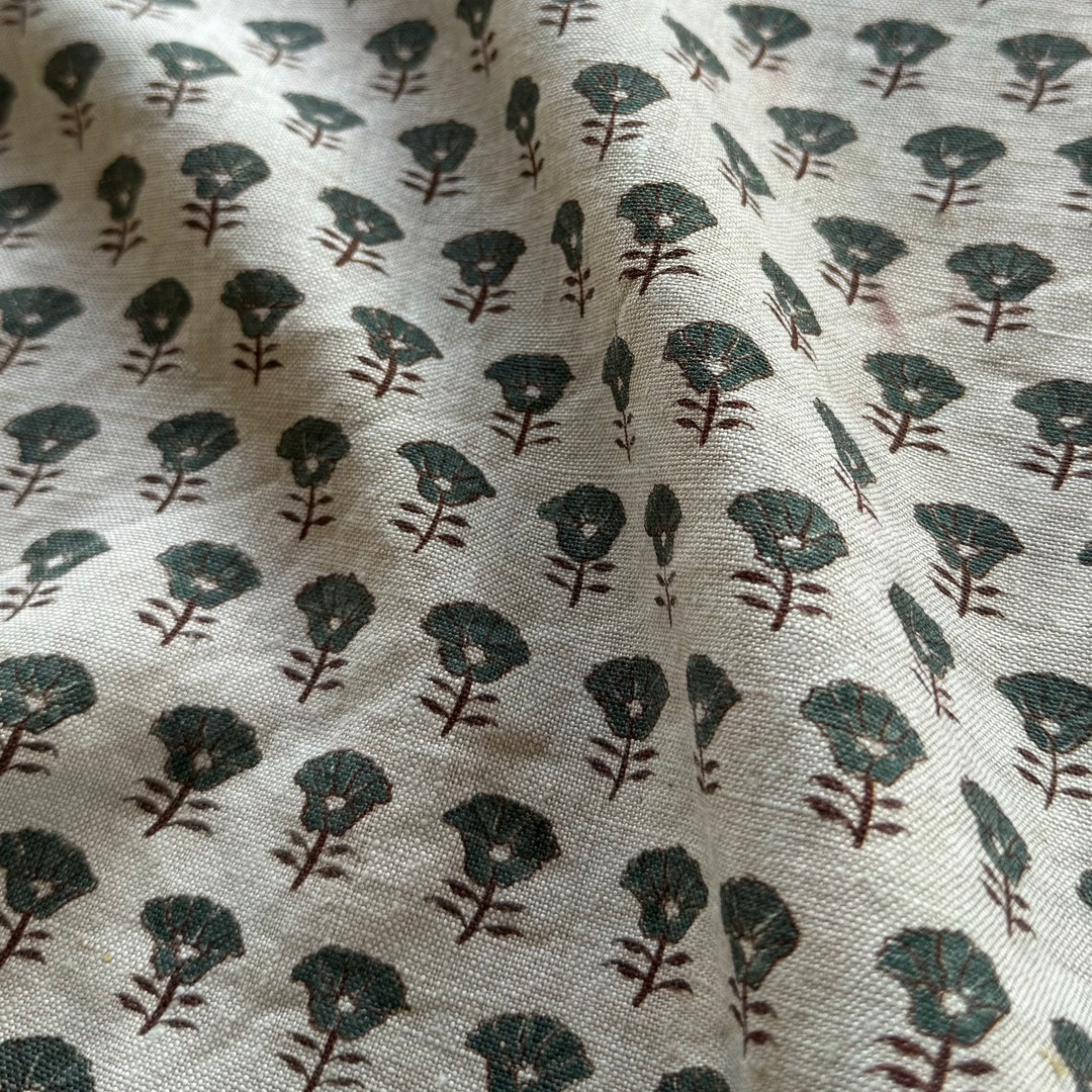 Pure Thick Patterned Linen Fabric. Vintage Upholstery Fabric. Floral ...