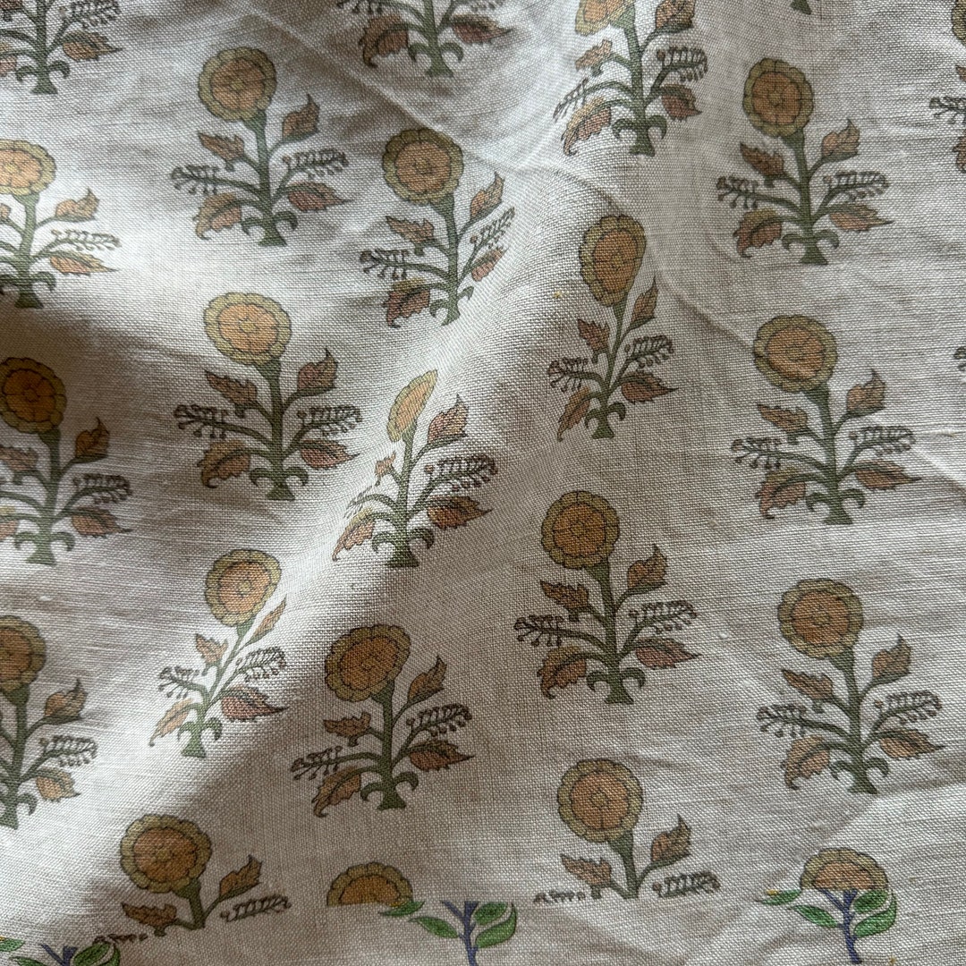 Pure Thick Patterned Linen Fabric. Vintage Upholstery Fabric. Floral ...