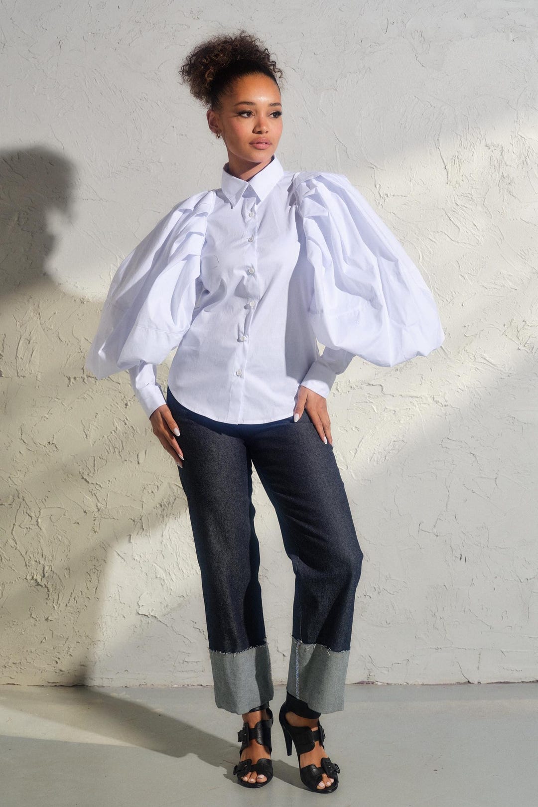 White Avant Garde Shirt With Puff Sleeves, Exaggerated Balloon Sleeves ...