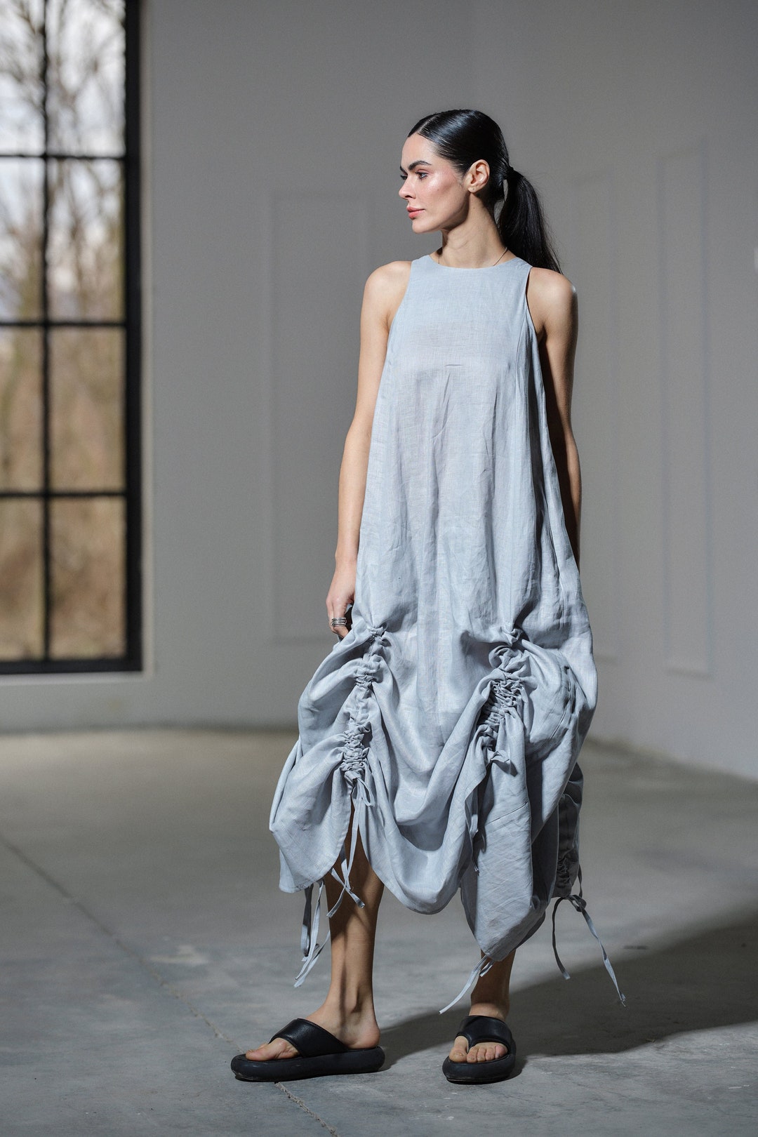 Gray Avant Garde Dress Linen Clothing, Asymmetrical Linen Maxi Dress ...