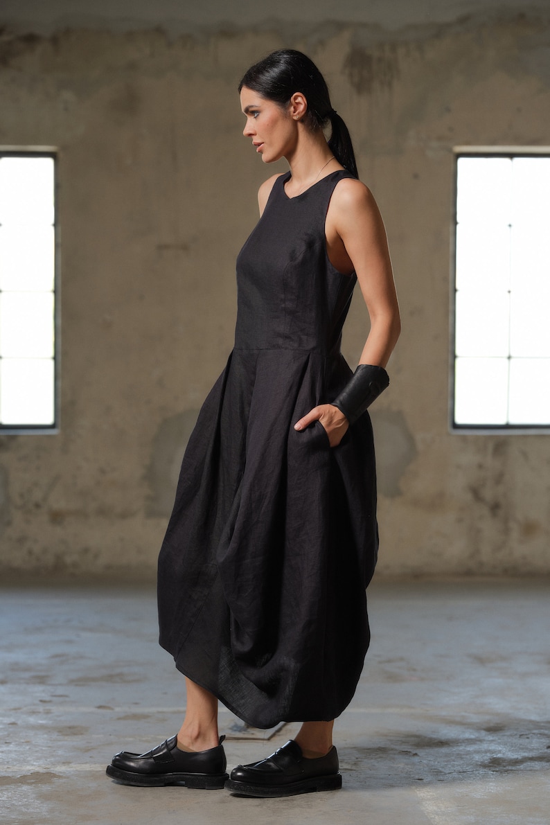 Handmade Black Linen Asymmetrical Dress: Avant Garde Midi Clothing - Etsy