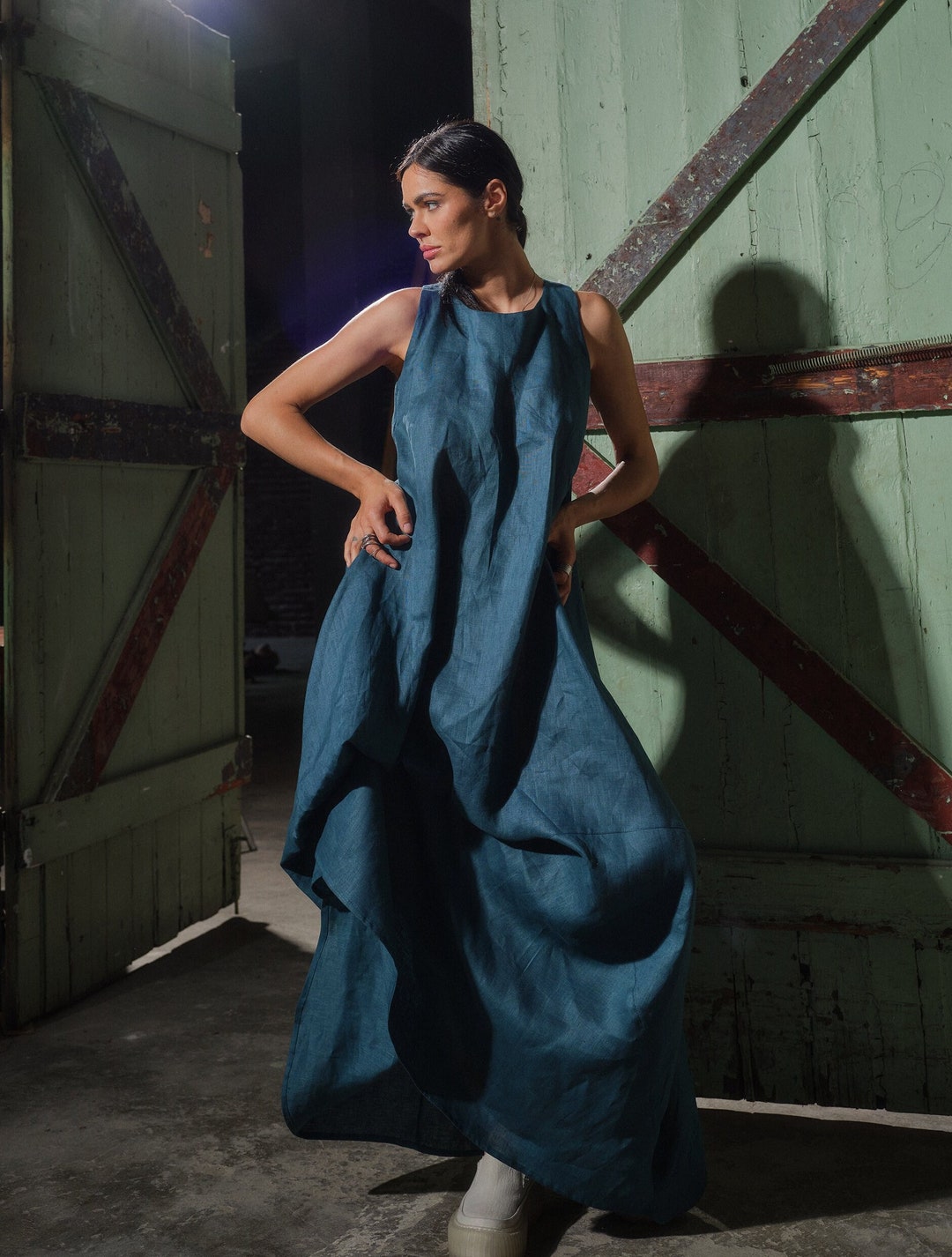 Petroleum Blue Summer Linen Maxi Dress, Asymmetrical Kaftan, Linen Boho ...