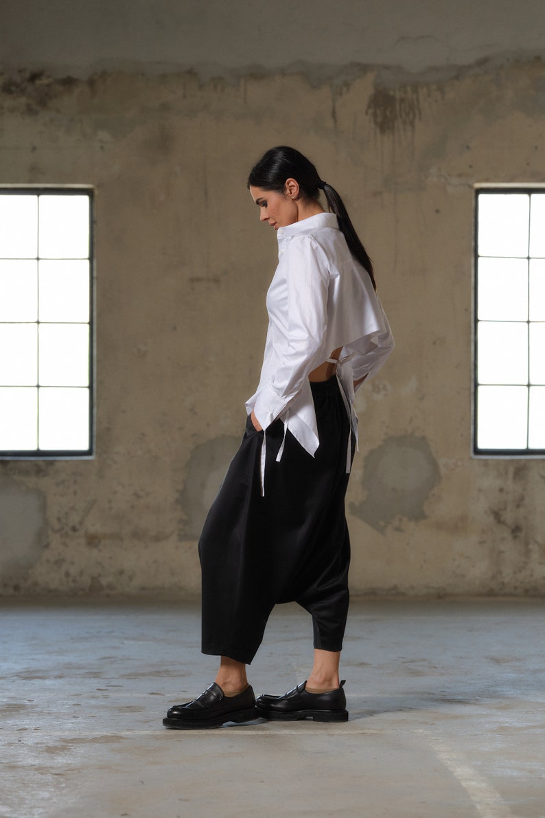 Black Merino Wool Drop Crotch Pants With Asymmetrical Details, Avant ...