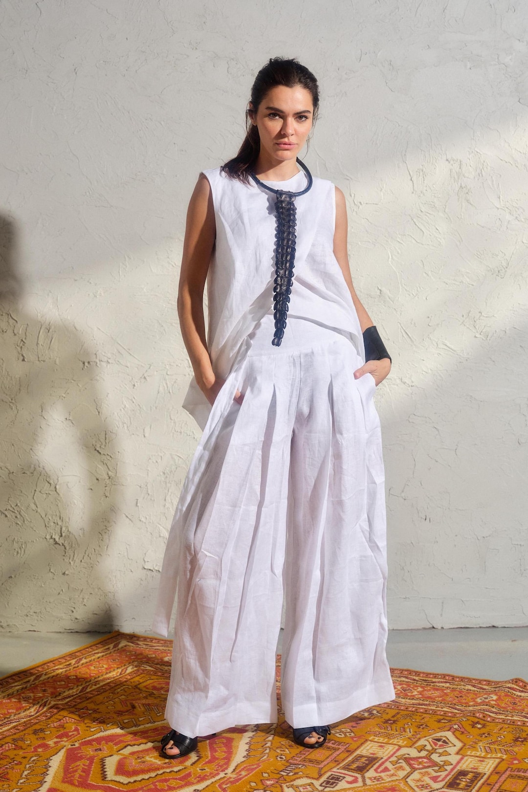 White Wide Leg Linen Pants Women, High Waisted Boho Pants Women ...