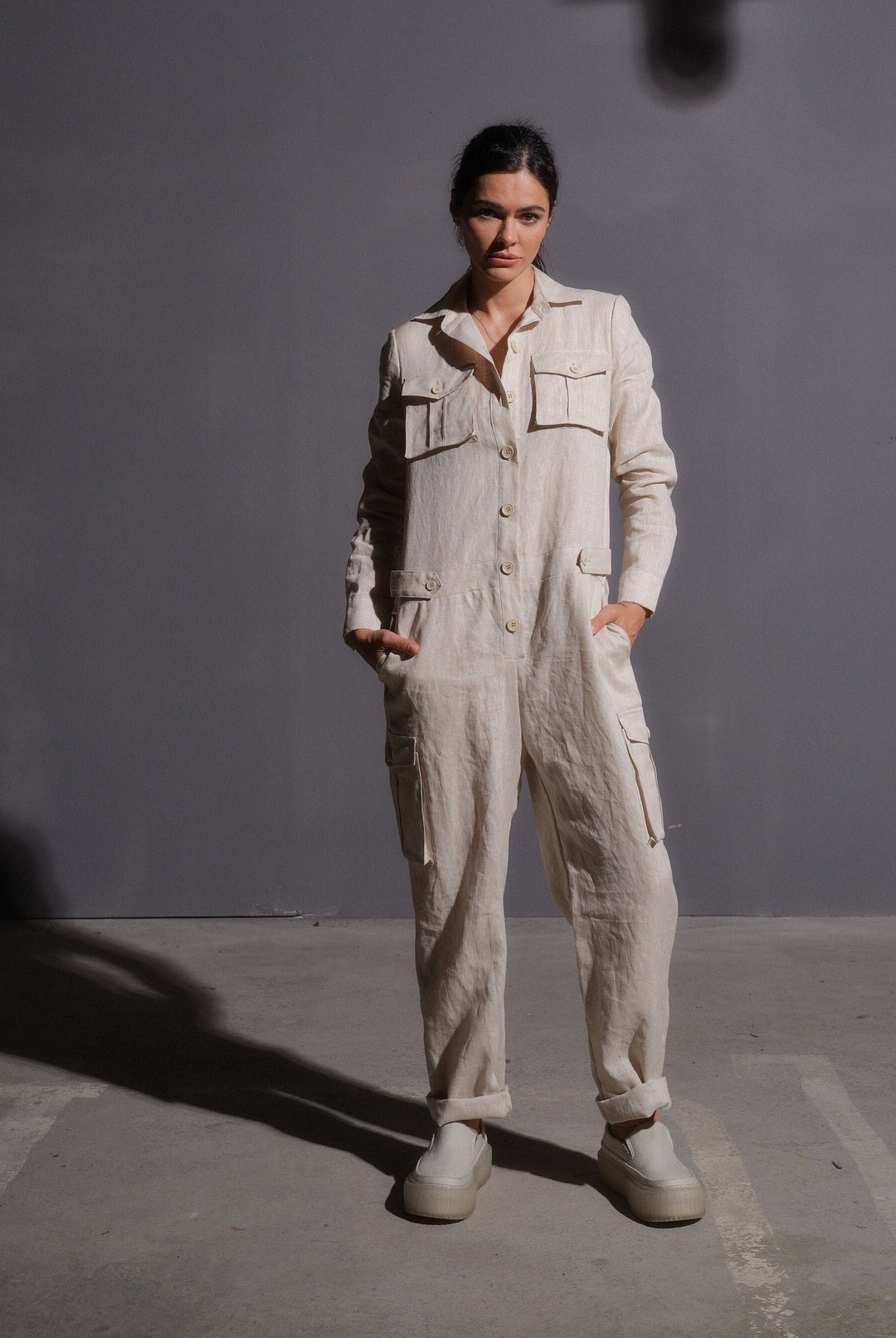 Light Beige Linen Aviator Jumpsuit, Women's Utility Overalls - Etsy