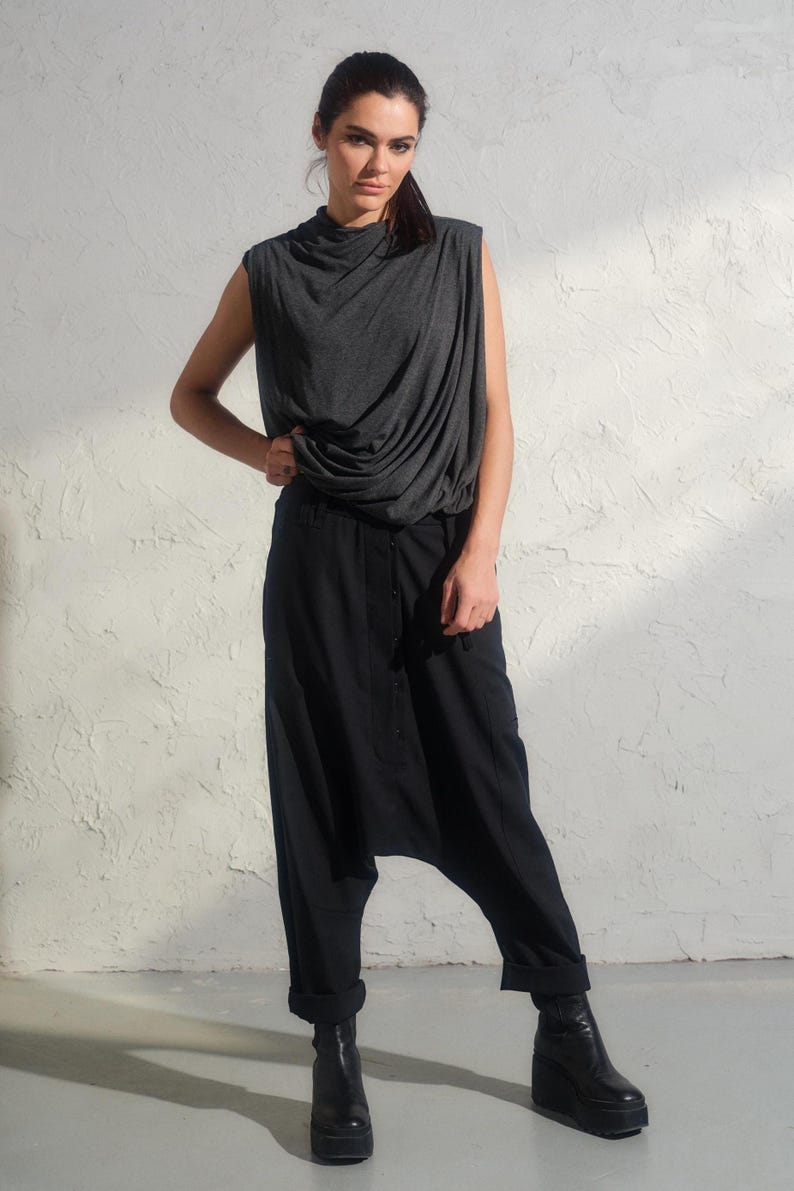Avant Garde Wool Harem Pants With Asymmetrical Details, Black Drop ...