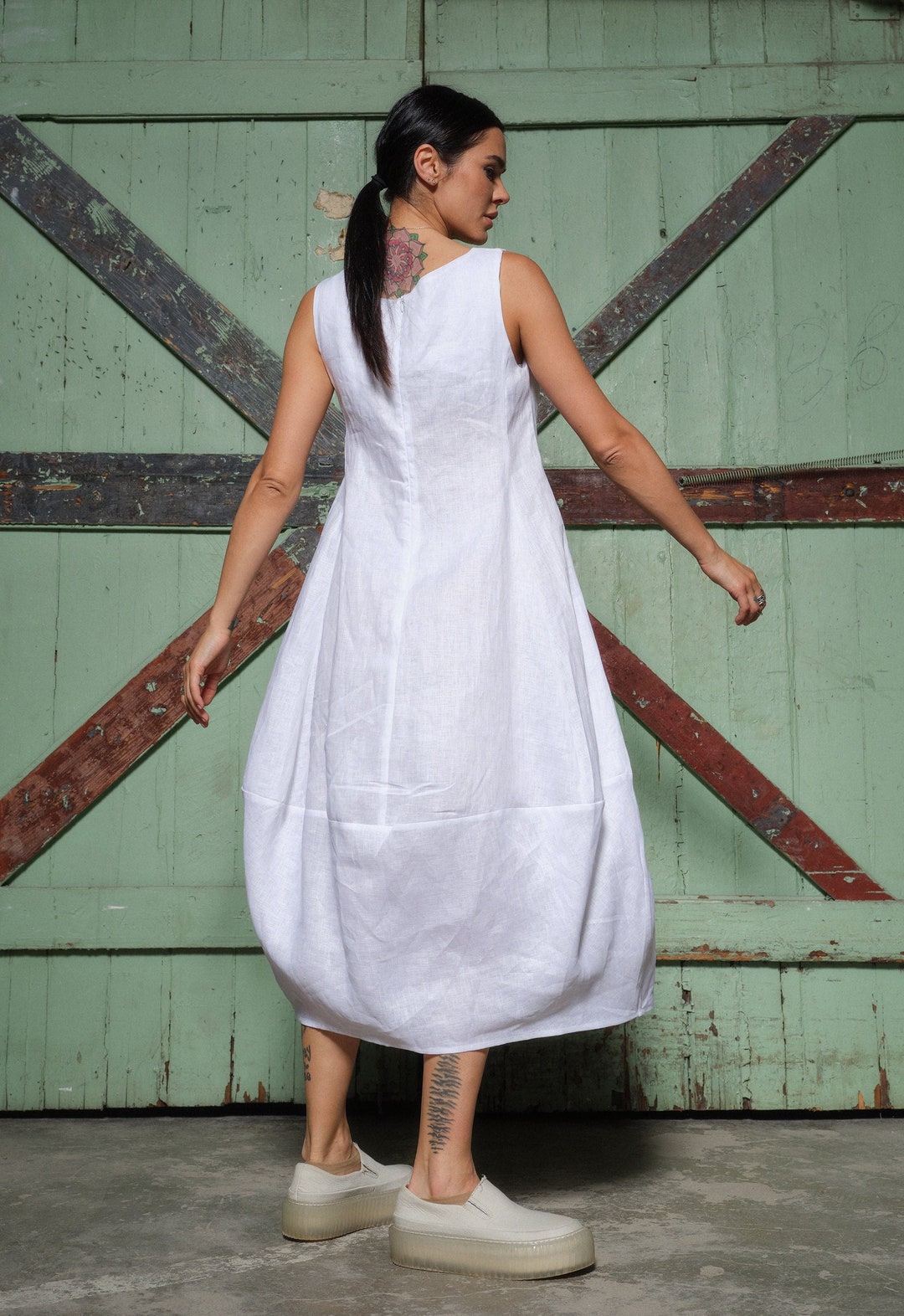 White Linen Midi Dress: Sleeveless Boho Kaftan, Plus Size Clothing - Etsy