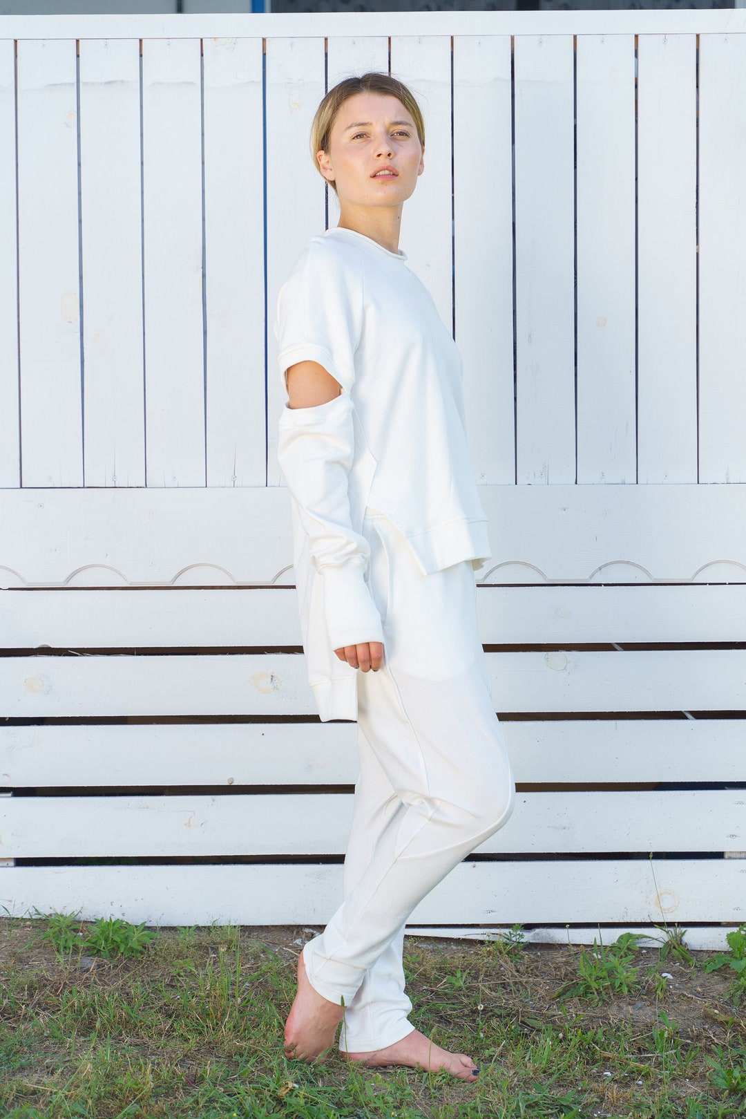 White Asymmetrical Sweatshirt: Oversized Cotton Hoodie With Thumb Holes ...