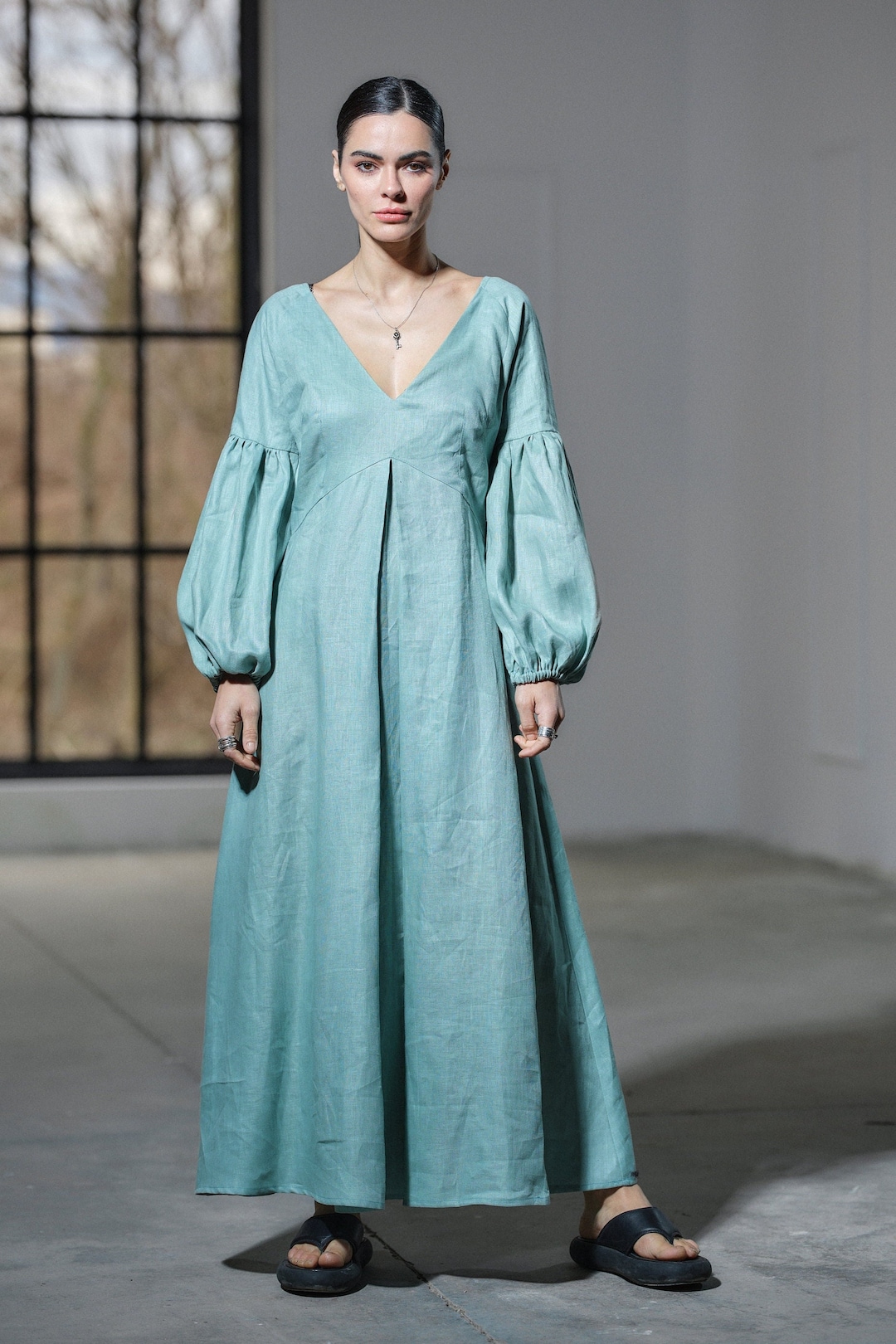 Green Tea Summer Linen Maxi Dress, Puff Sleeves Linen Kaftan, Linen ...