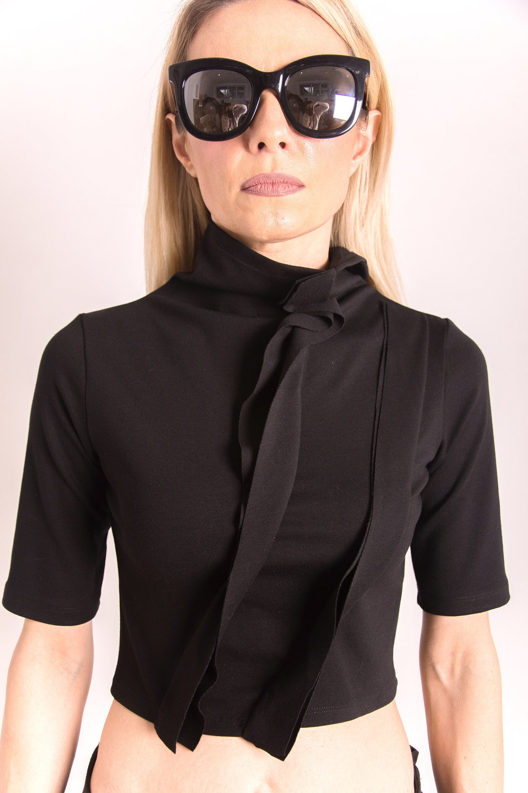 Black Crop Top Avant Garde Clothing, Blouse Women Short Sleeve, Womens ...