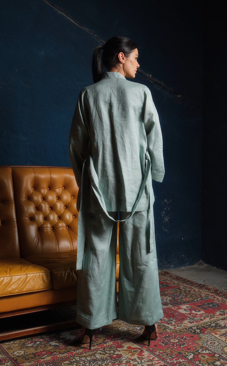 Green Tea Linen Kimono Robe and Palazzo Pants Set: Japanese Style ...