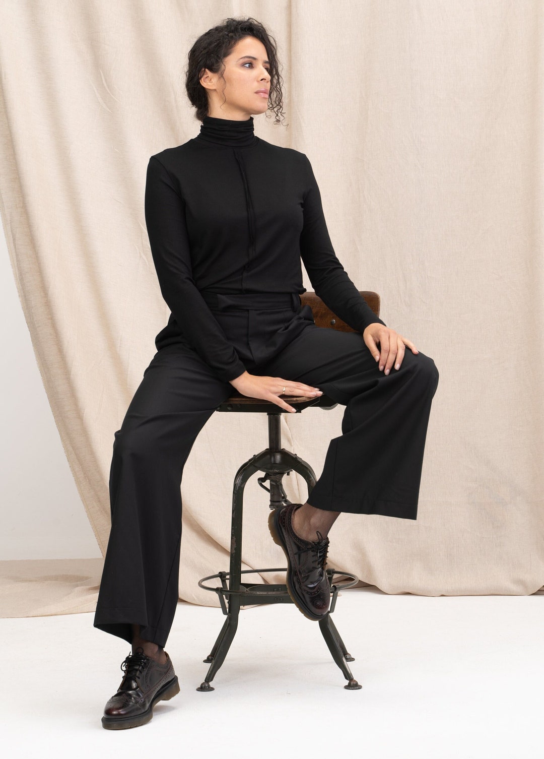 Black Turtleneck Blouse With Details, 90's Mock Neck Top, Viscose ...