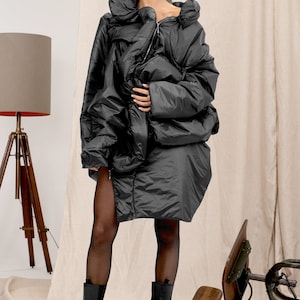Avant Garde Black Quilted Transitional Women's Coat, Oversized Long ...