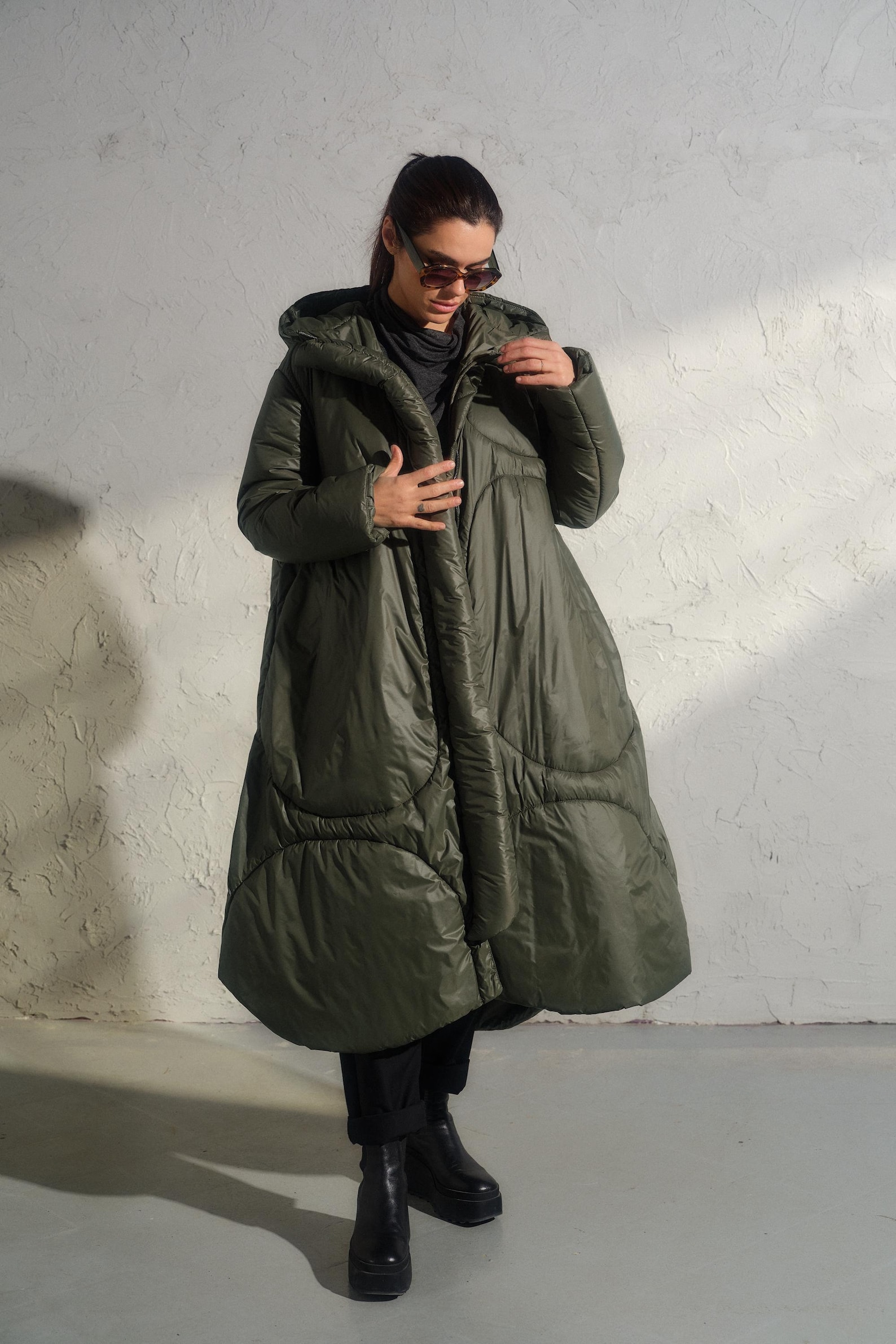 Avant Garde Quilted Transitional Women's Coat in Khaki, Oversized Long ...