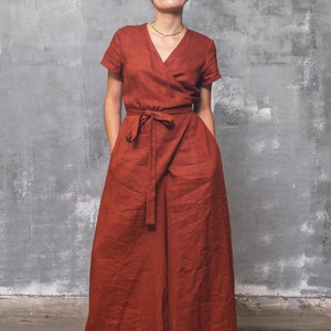 Brick Red Linen Jumpsuit: Wide Leg Wrap Overalls With Belt - Etsy