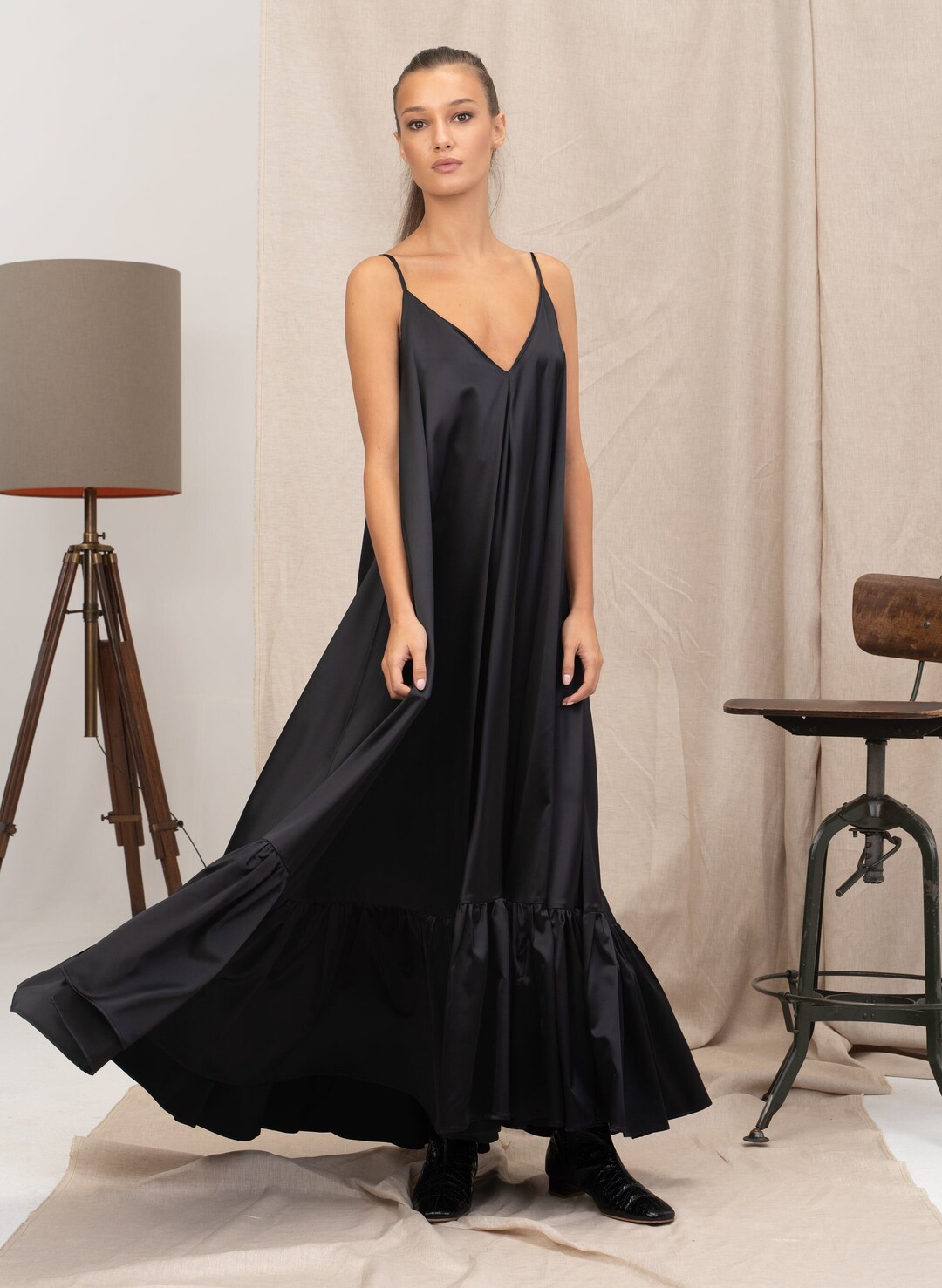Floor Length Black Satin Slip Dress Evening Maxi Dress Silk - Etsy