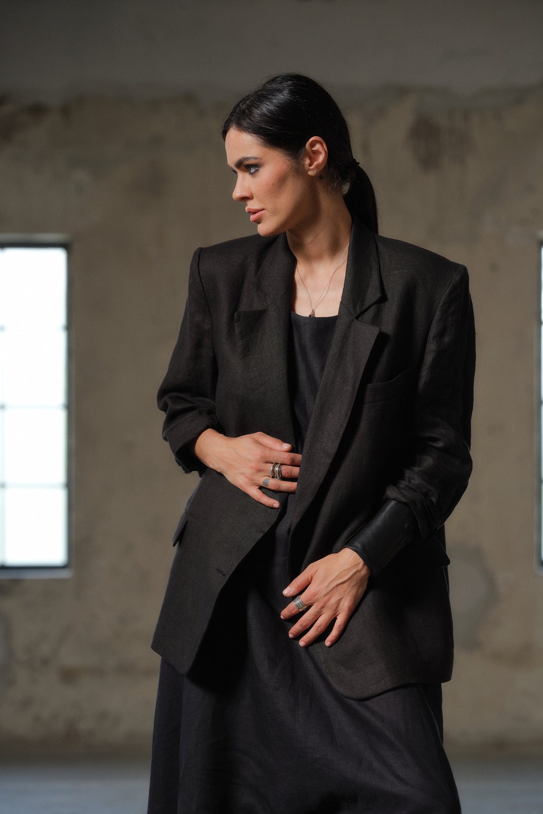 Black Linen Blazer Womens, Oversized Boxy Jacket With Classic Lapels ...