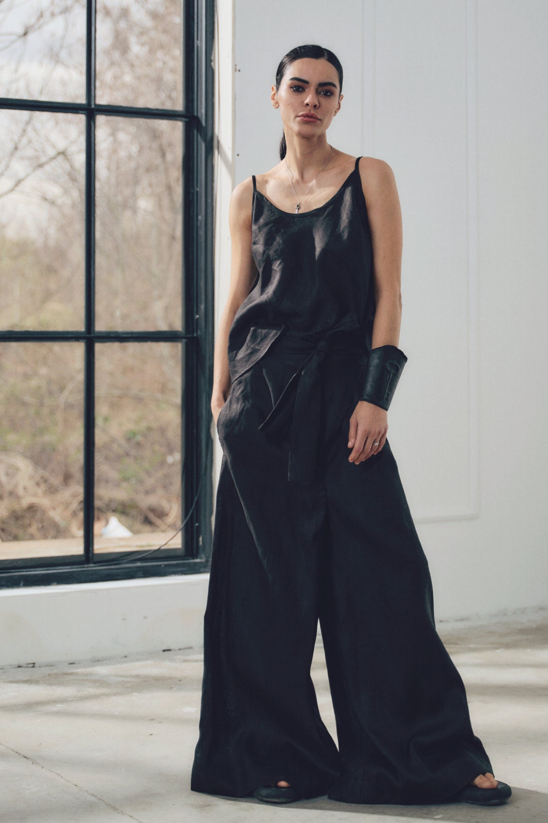 Black Linen Skirt Pants, Wide Leg Linen Palazzo Trousers for Women ...