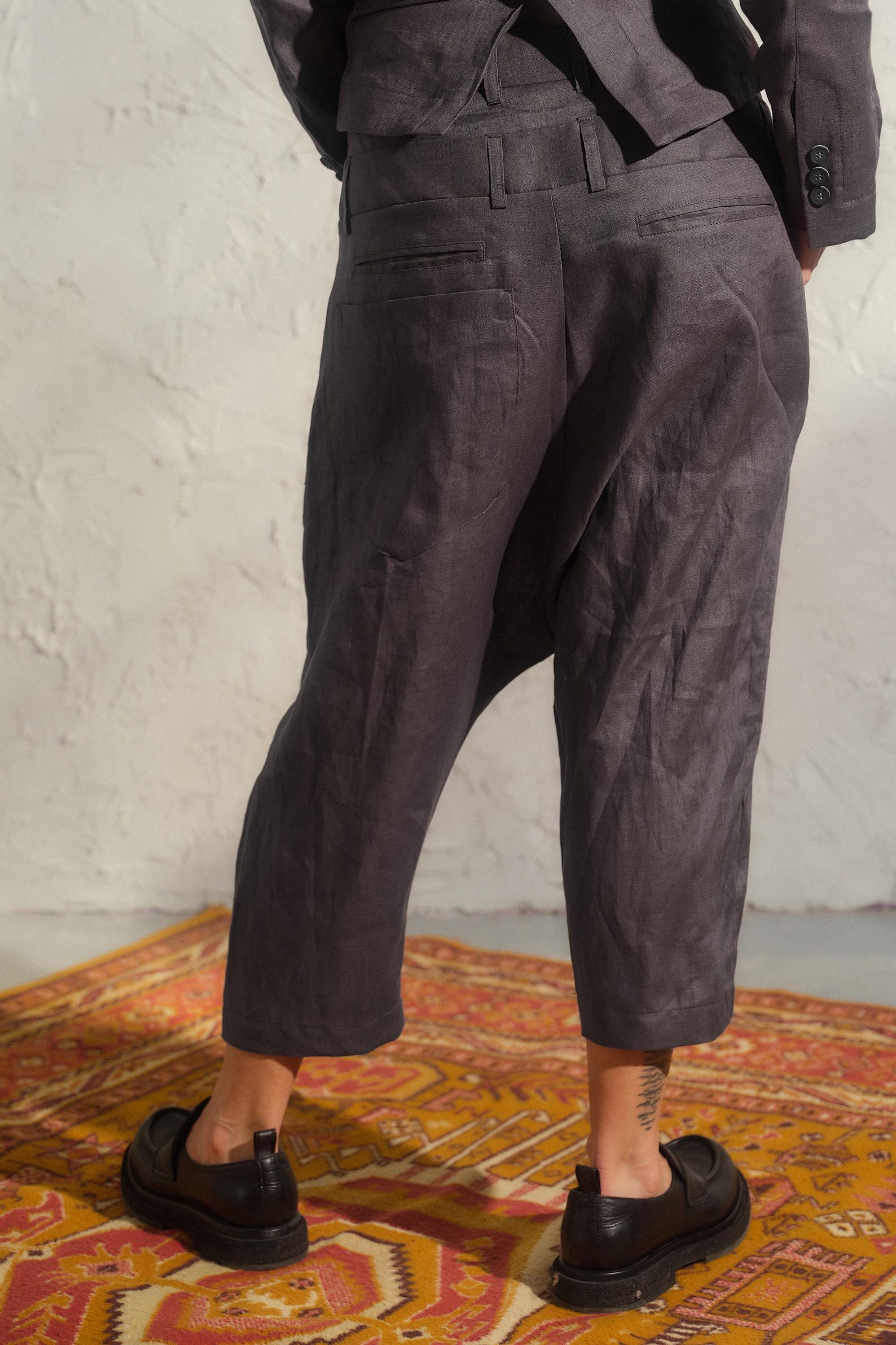 Gray Double Belt Linen Pants Womens, Avant Garde Baggy Trousers, Capry ...