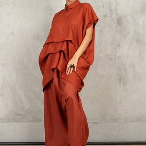 Brick Red Linen Tunic, Womens Linen Top Avant Garde Clothing, Linen ...