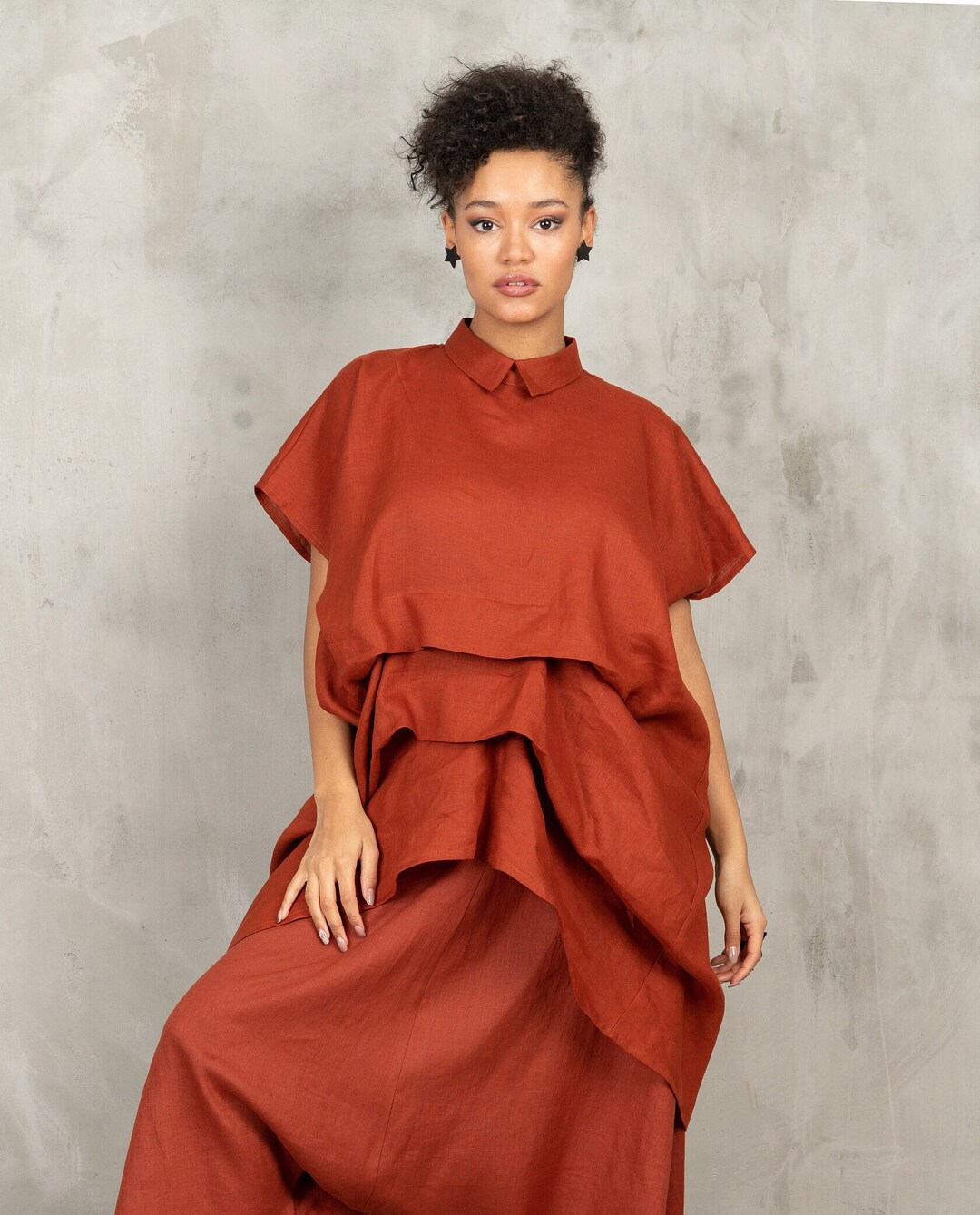 Brick Red Linen Tunic, Womens Linen Top Avant Garde Clothing, Linen ...