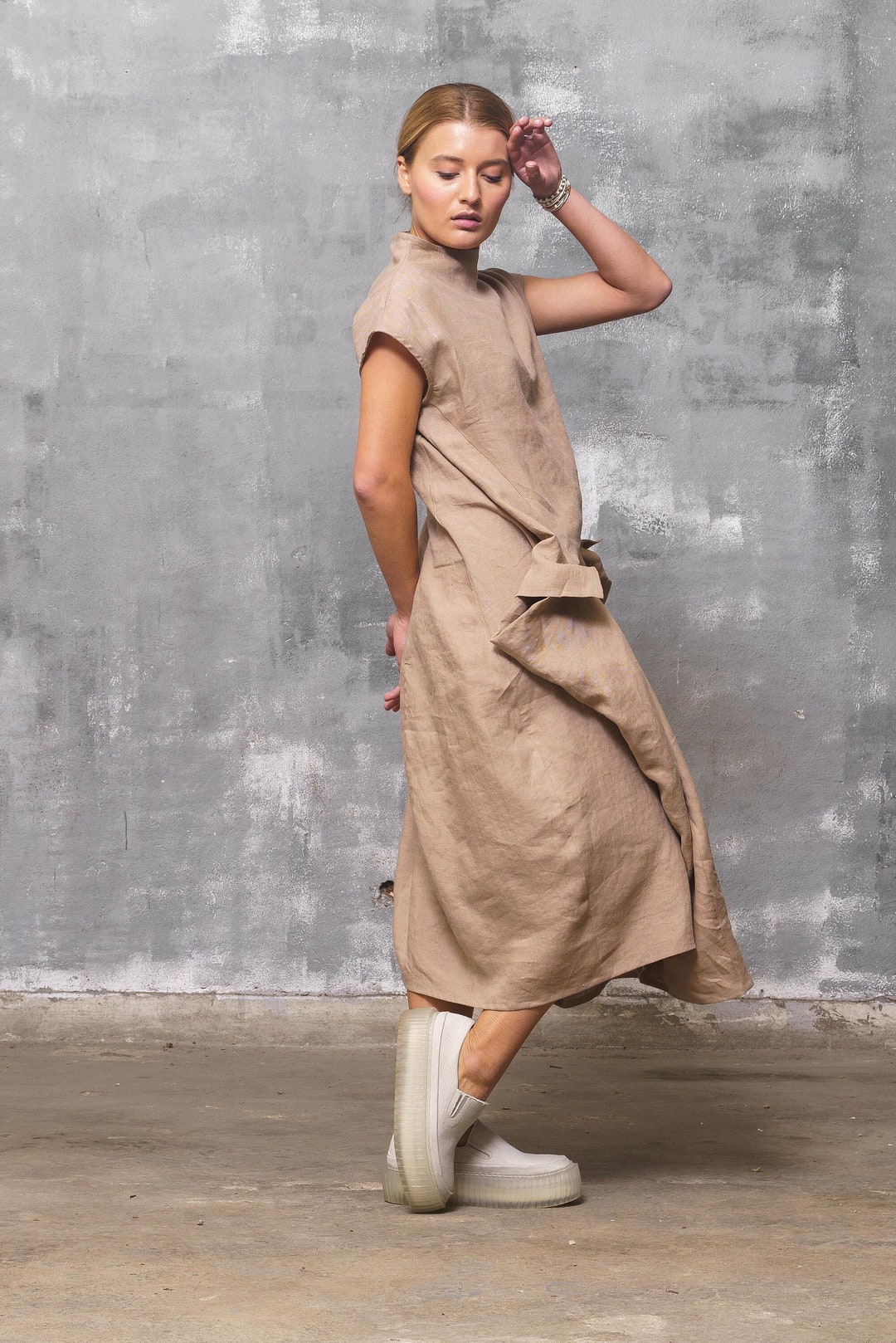 Avant Garde Midi Linen Dress With Pockets, Summer Linen Kaftan, Linen ...