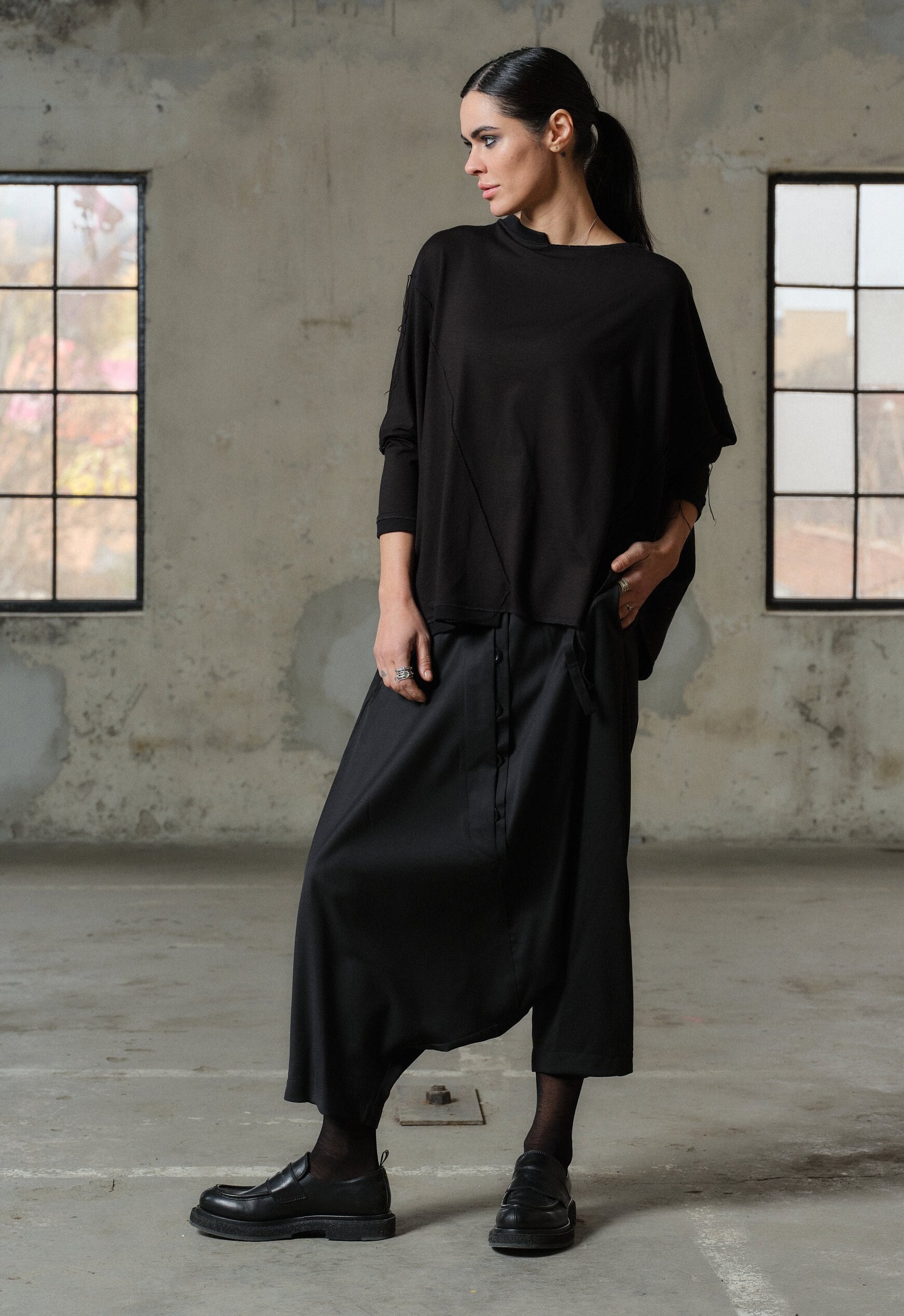 Black Merino Wool Drop Crotch Pants With Asymmetrical Details, Avant ...