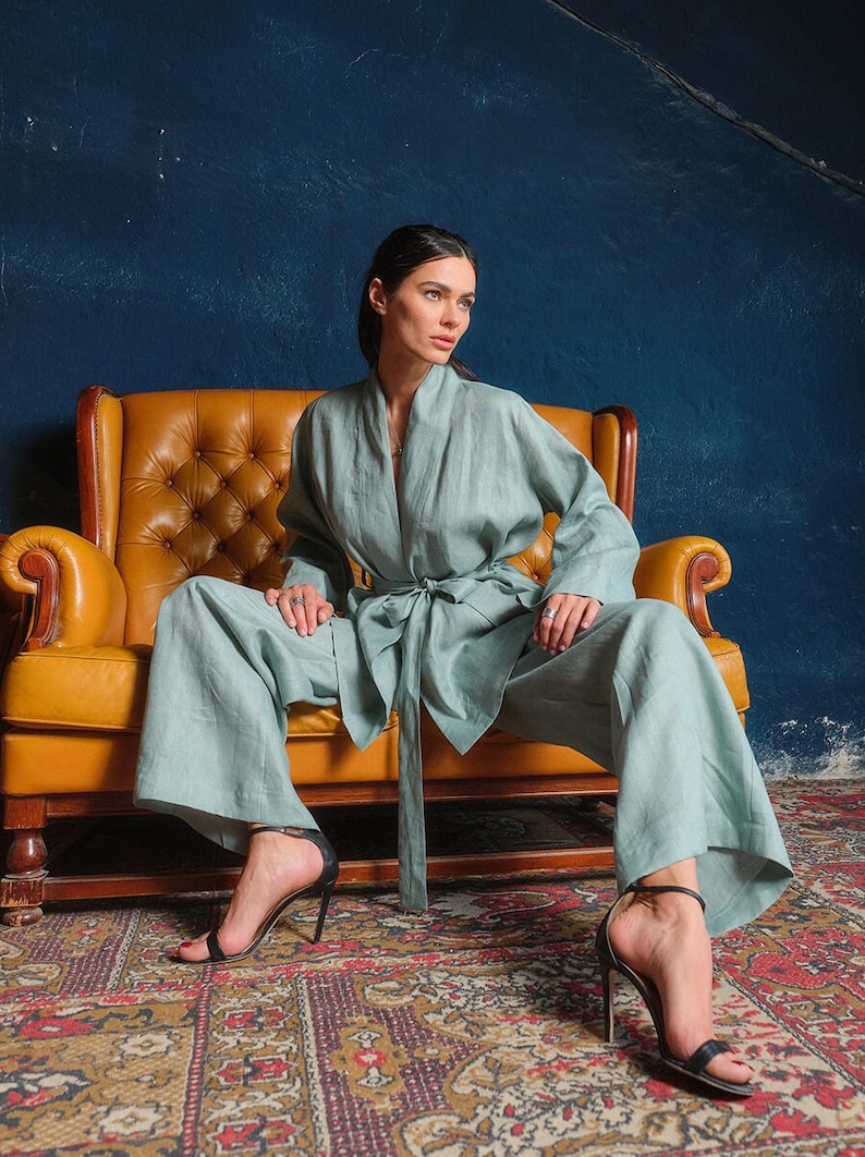 Green Tea Linen Kimono Robe, Japanese Style Wrap Housecoat, Plus Size ...