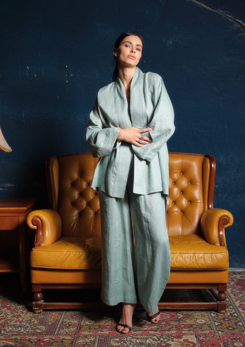 Green Tea Linen Kimono Robe and Palazzo Pants Set: Japanese Style ...