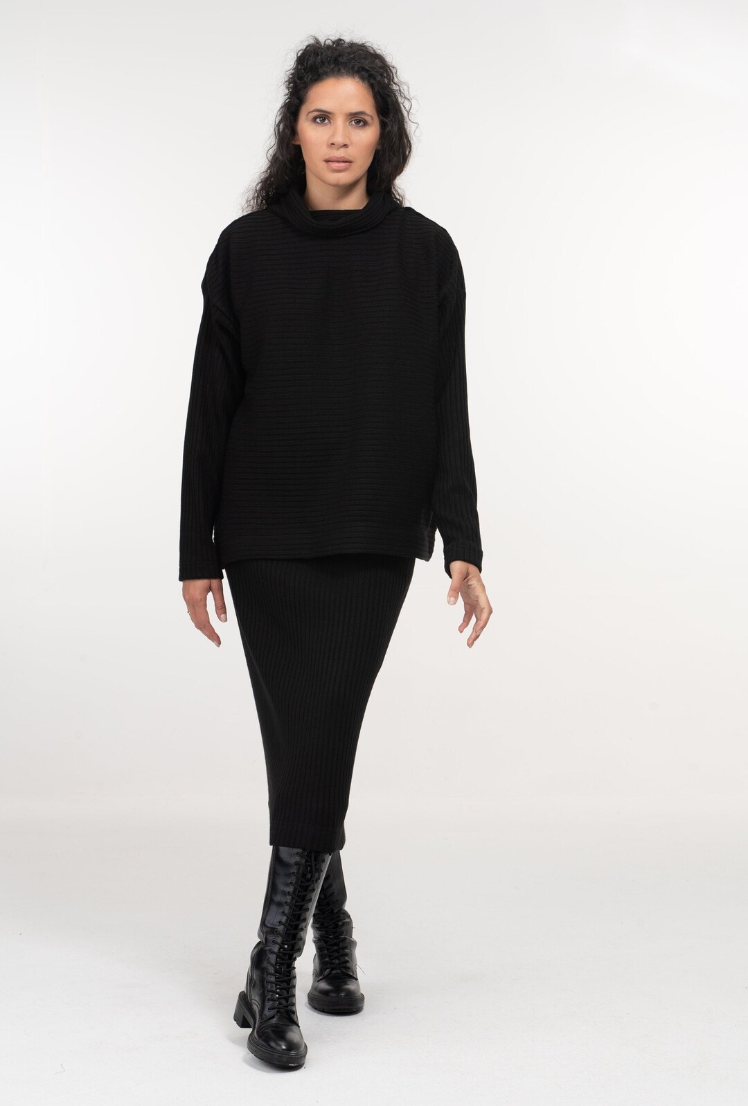 Ribbed Knit Set of Black Long Skirt and Turtleneck Sweater - Etsy