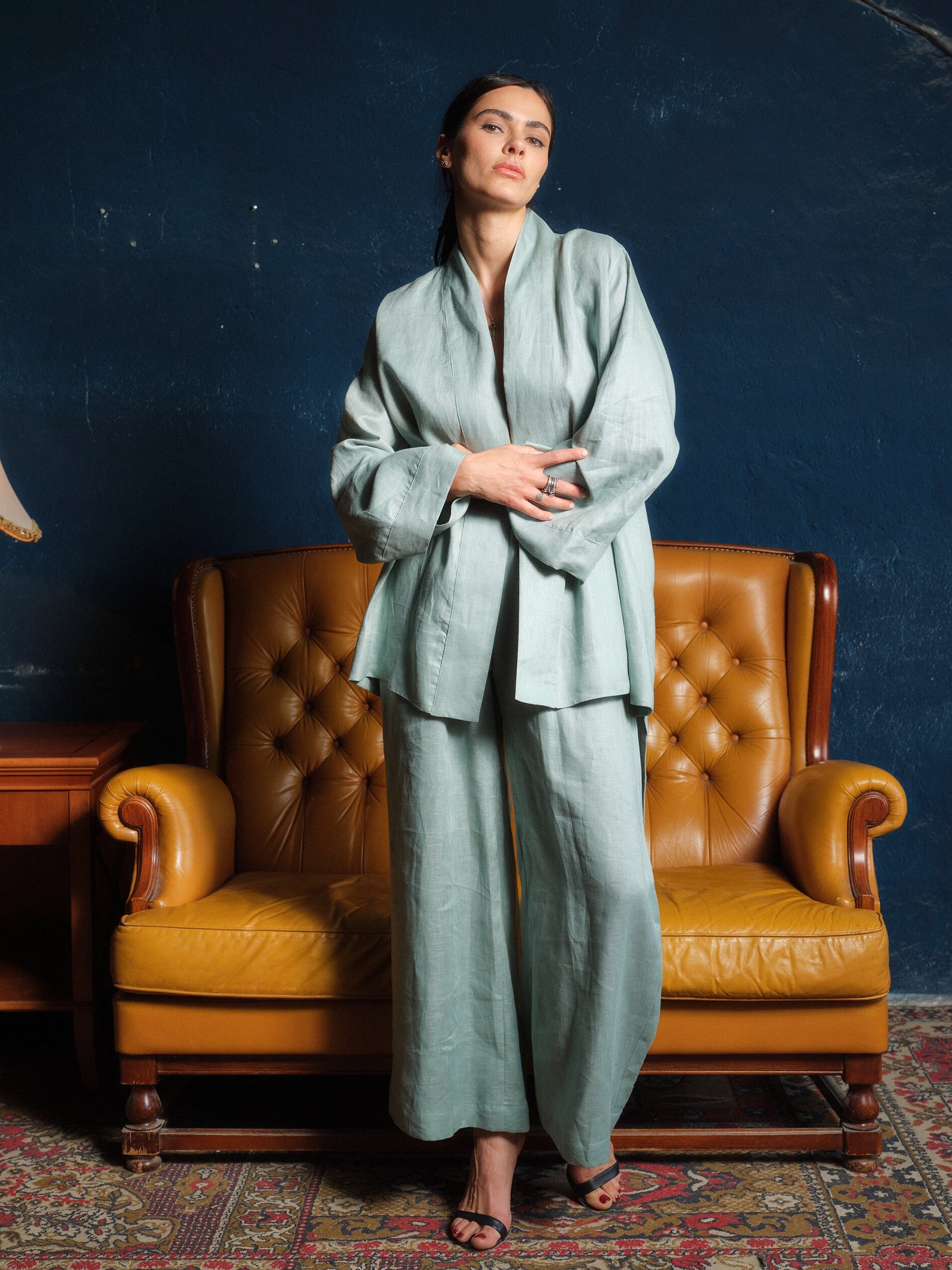 Green Tea Linen Kimono Robe, Japanese Style Wrap Housecoat, Plus Size ...