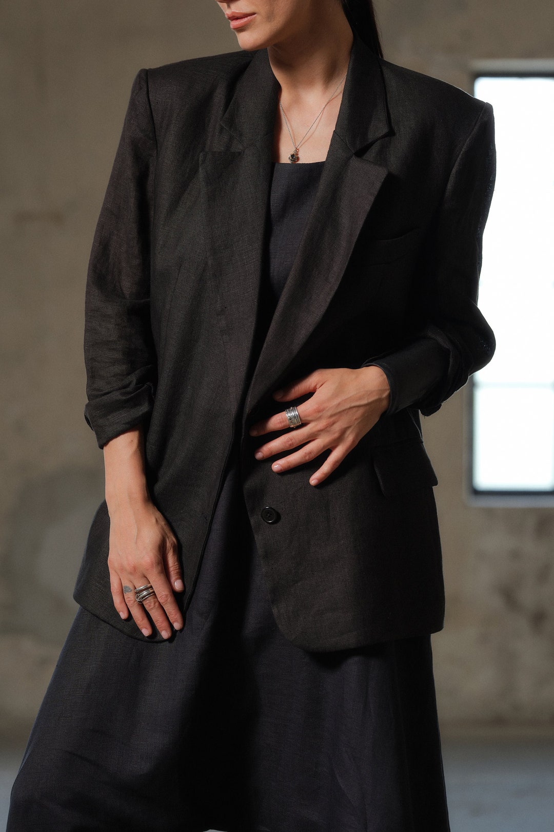 Black Linen Blazer Womens, Oversized Boxy Jacket With Classic Lapels ...