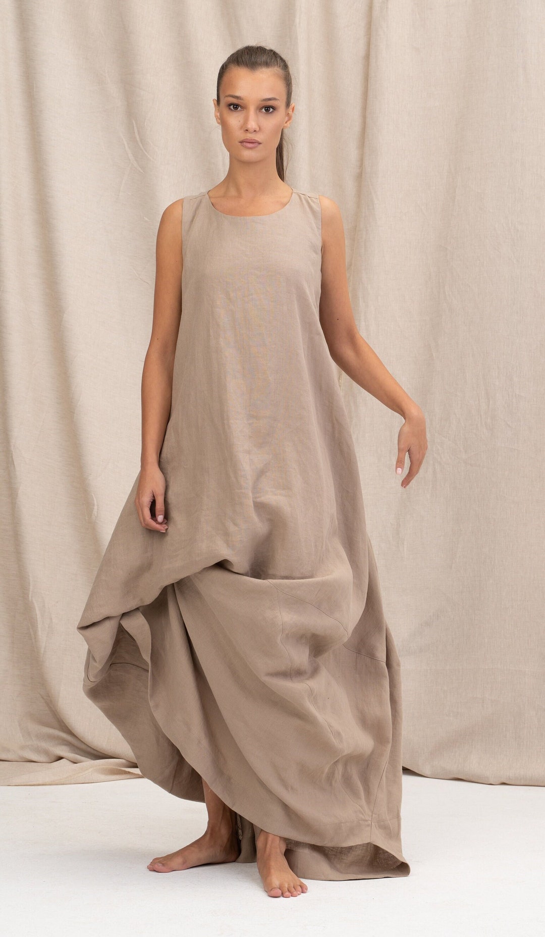 Beige Summer Linen Maxi Dress, Asymmetrical Kaftan, Linen Boho Dress ...