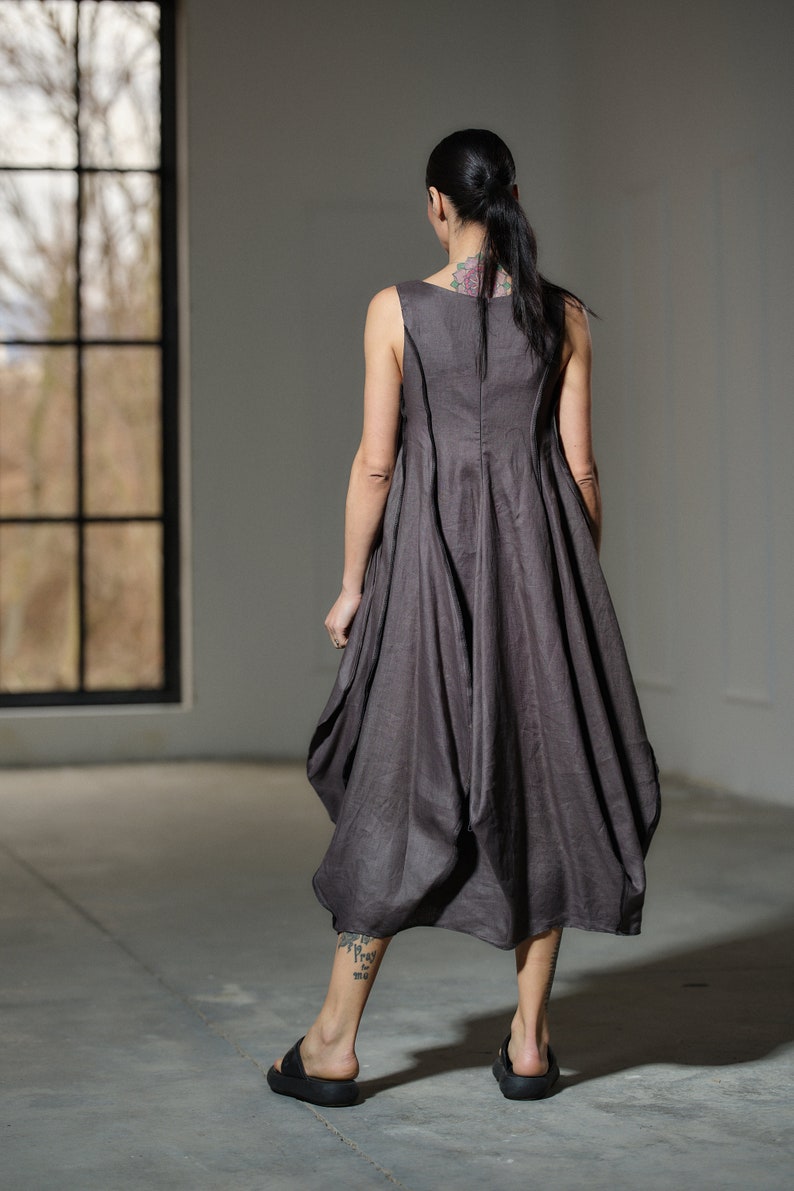 Dark Grey Asymmetrical Linen Dress Avant Garde Clothing Women, Summer ...