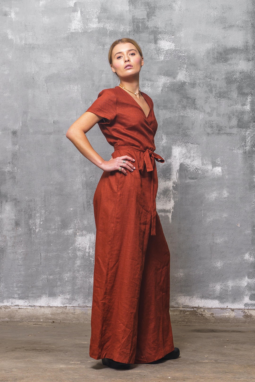 Brick Red Linen Jumpsuit: Wide Leg Wrap Overalls With Belt - Etsy