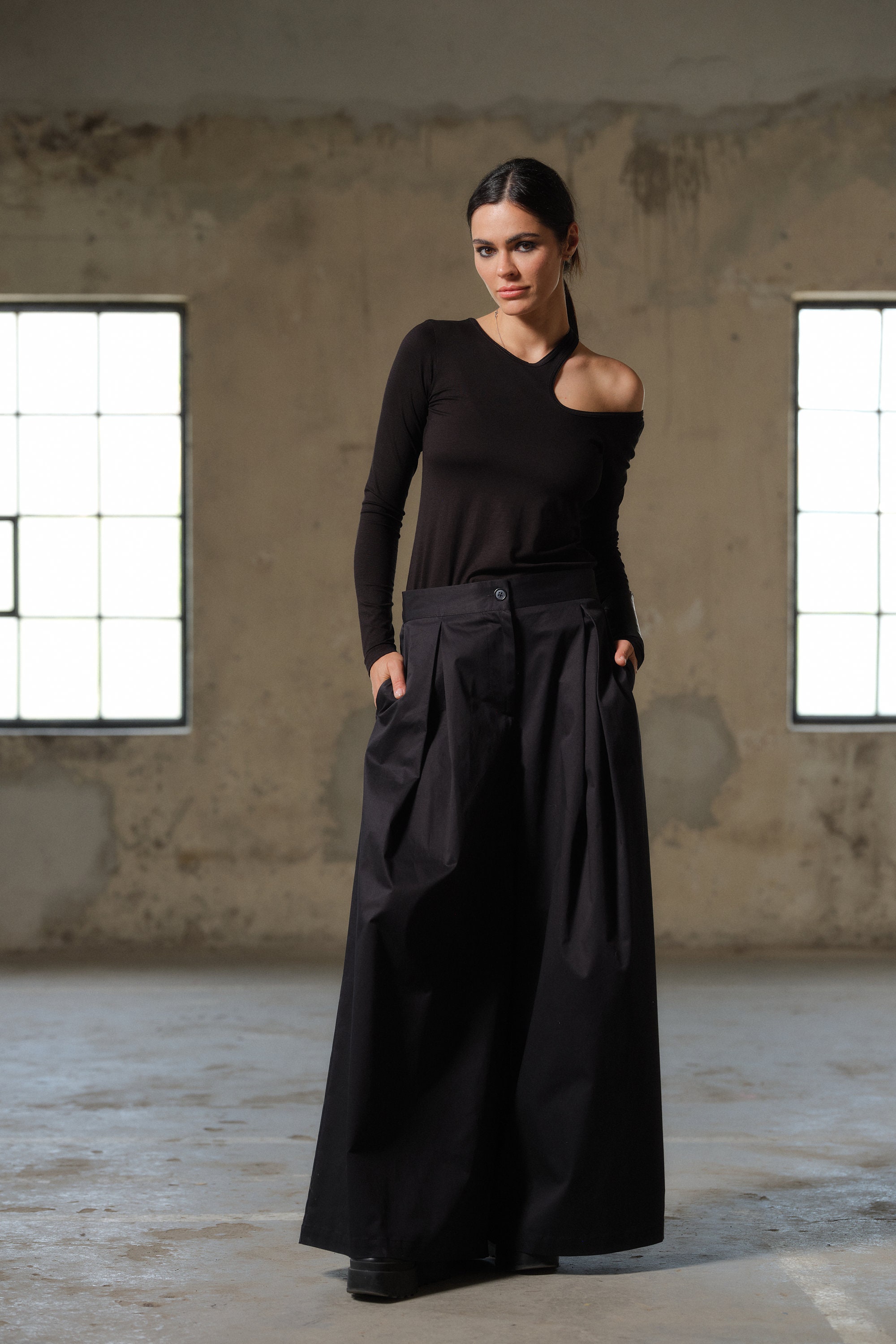 Pantalon jupe en coton noir, pantalon palazzo large femme vêtements bio ...