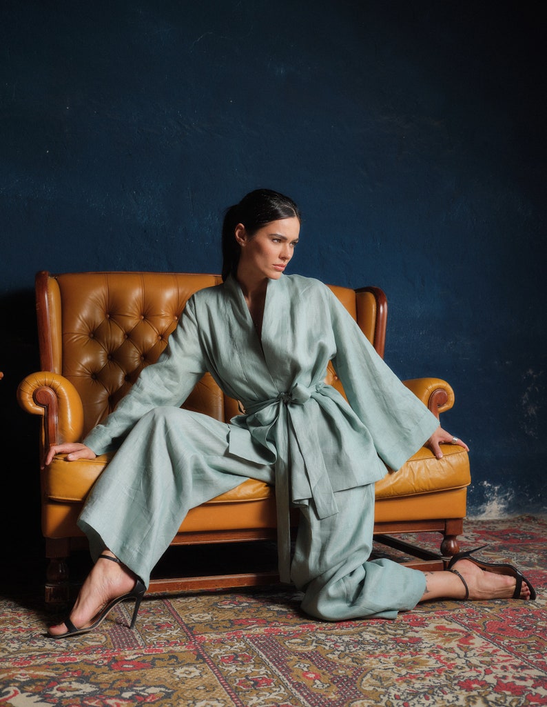 Green Tea Linen Kimono Robe and Palazzo Pants Set: Japanese Style ...