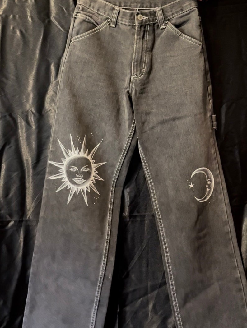 Sun and Moon Knee Hand Painted Jeans - Etsy