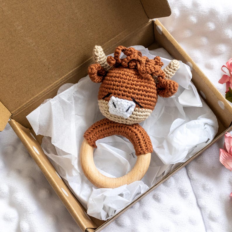 Personalized Cow Baby Rattles | Crochet Highland Cow Rattle | Baby ...