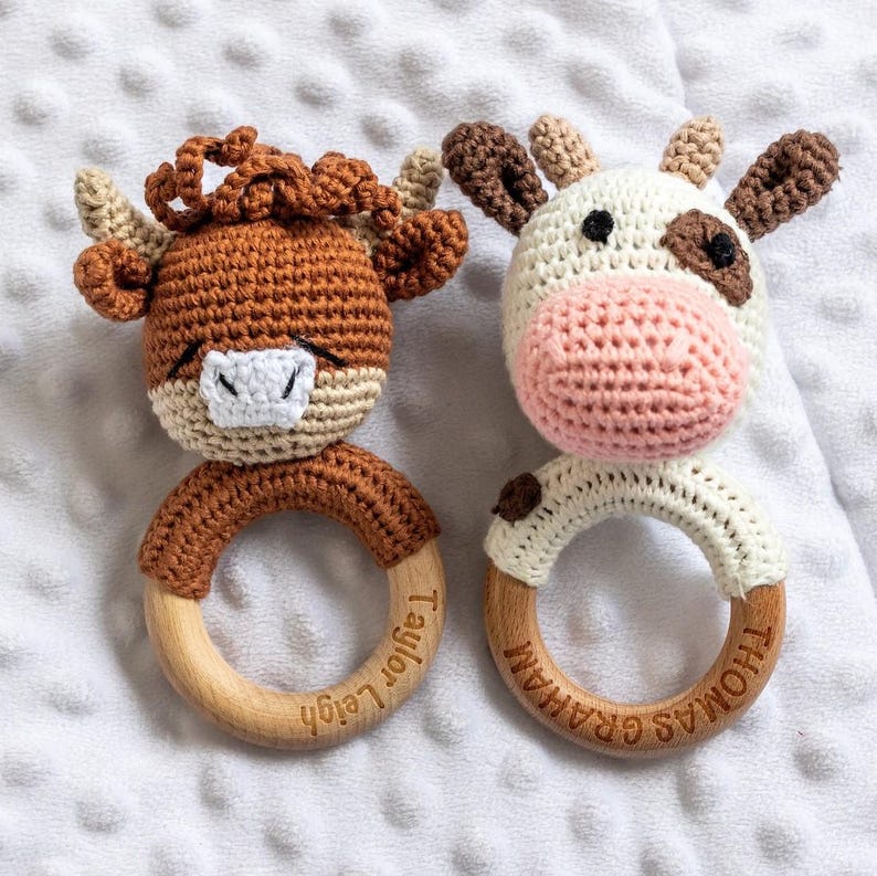 Personalized Cow Baby Rattles | Crochet Highland Cow Rattle | Baby ...