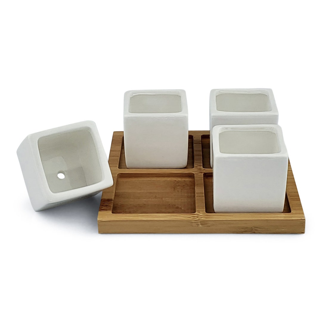 4 Ceramic Pots With Bamboo Tray - Square Pots - Flower Pots - Tiny Pots ...